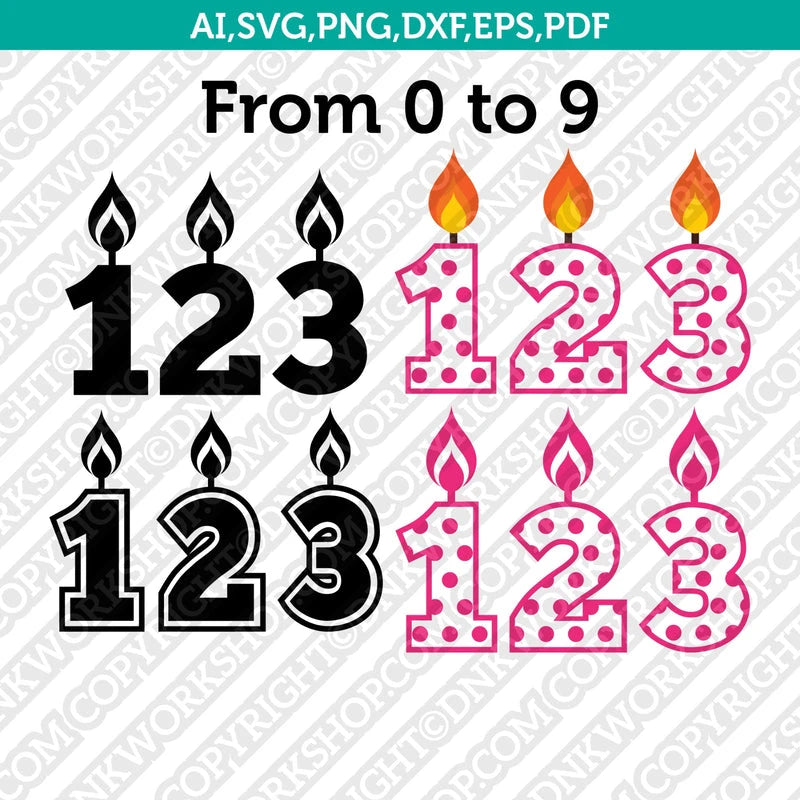 Birthday Numbers Candle SVG Vector Silhouette Cameo Cricut Cut File ...