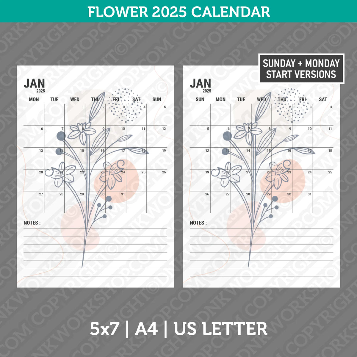 Flower Calendar 2025 Printable PDF | A4 & US Letter - Sunday Monday ...