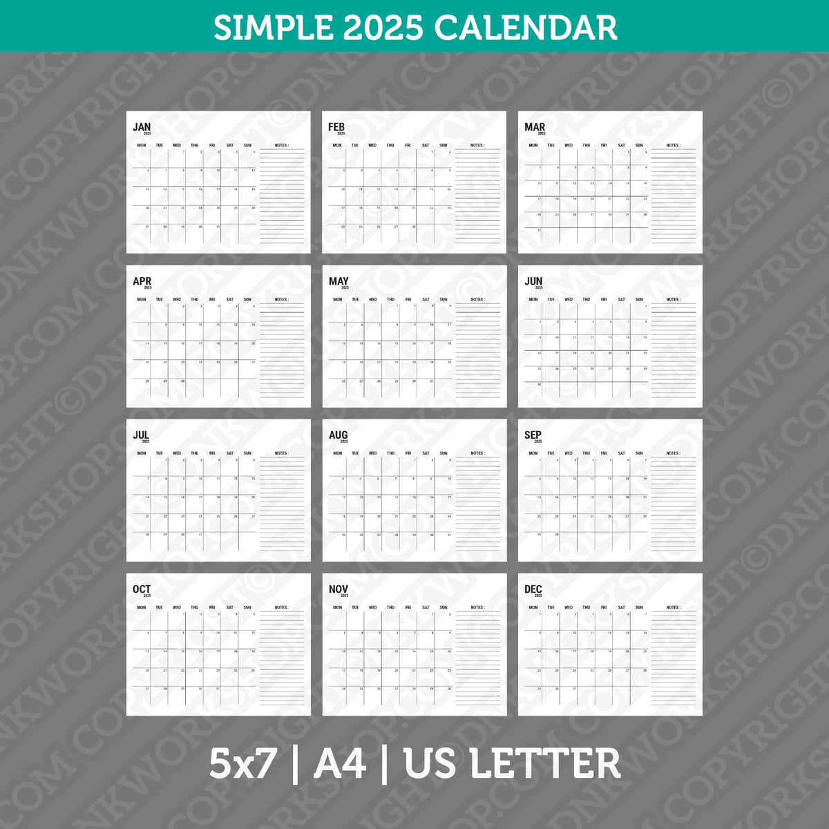 Calendar Simple 2025 Printable PDF | Us Letter & A4 - Sunday Monday ...