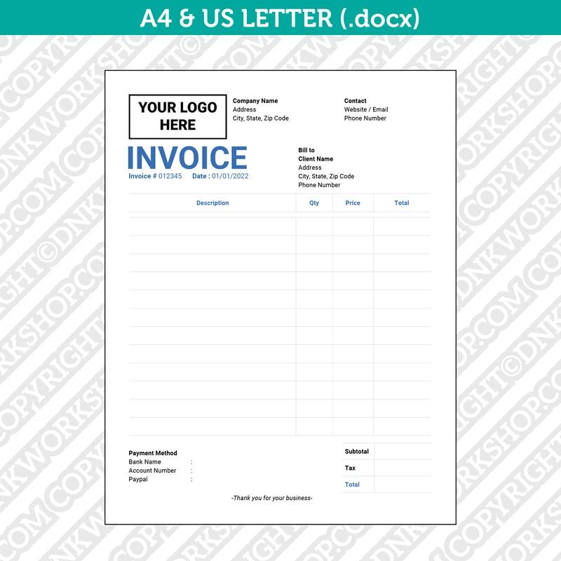 Invoice Template Word - Printable Bill Receipt Digital Order Form | A4 ...