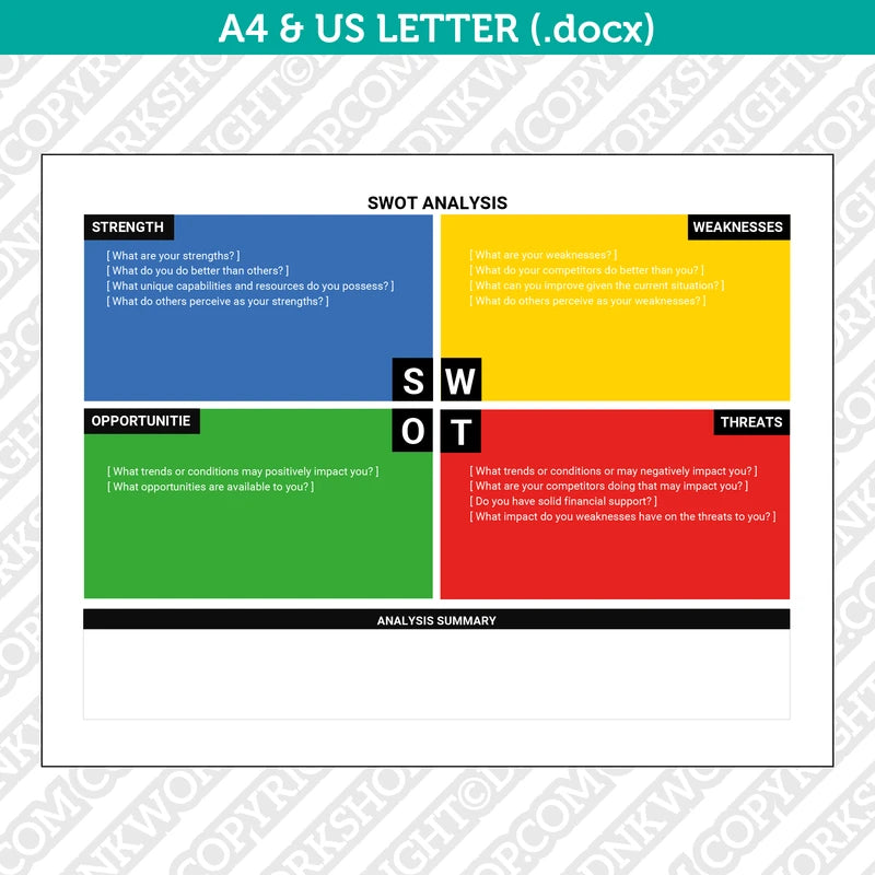 SWOT ANALYSIS Template Printable Microsoft Word | A4 & US Letter ...