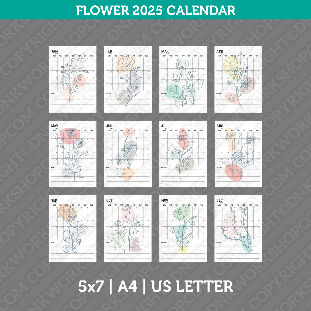 Flower Calendar 2025 Printable PDF | A4 & US Letter - Sunday Monday ...