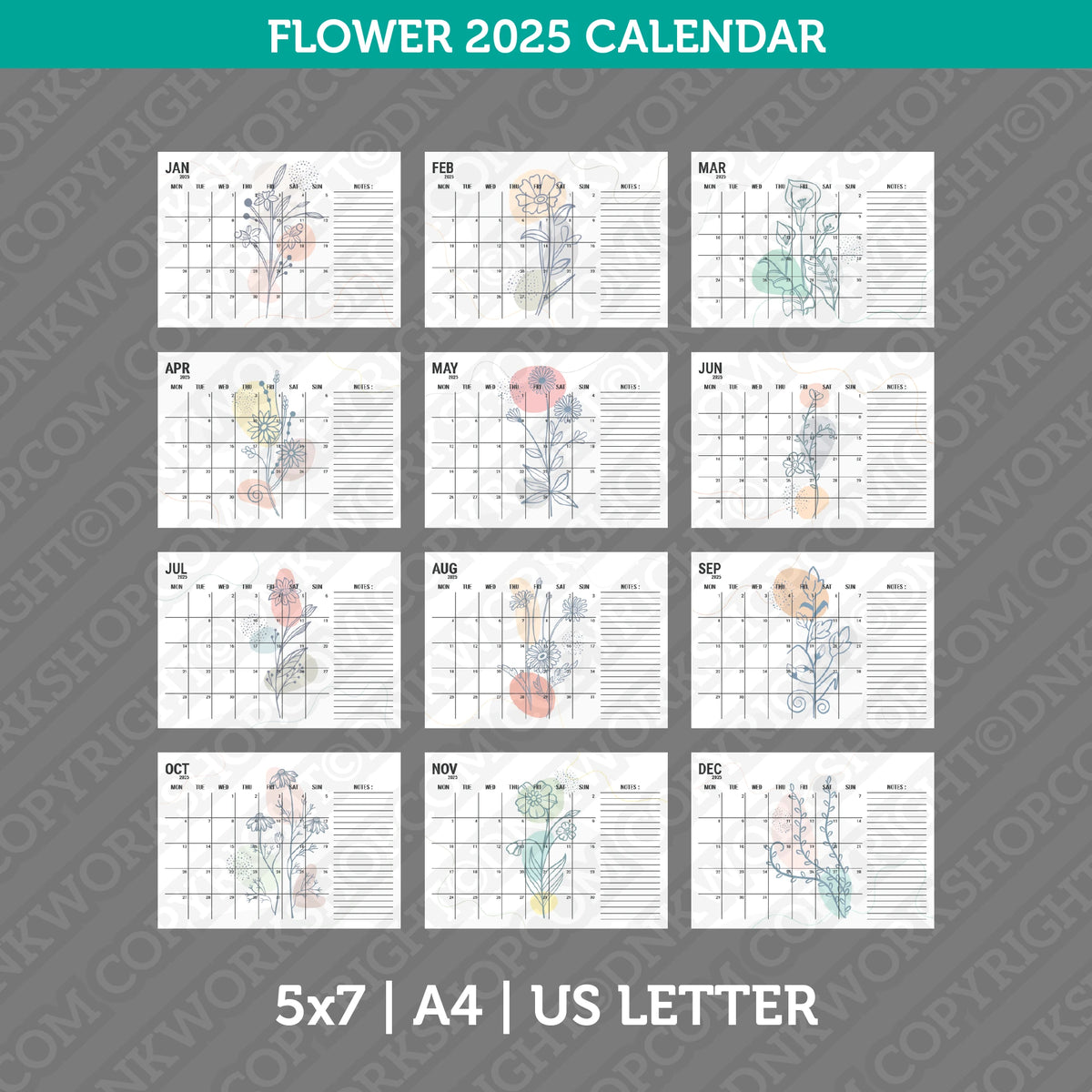 Flower Calendar 2025 Printable PDF | 5x7 | A4 | US Letter - Sunday Mon ...