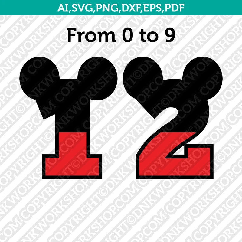 Mickey Mouse Numbers SVG Cut File Cricut Vector Sticker Dxf PNG Eps ...