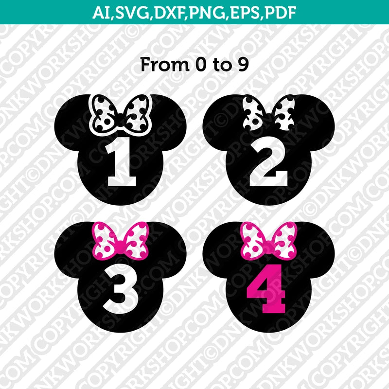 Minnie Mouse Numbers 4 Designs SVG Cut File Cricut Clipart Png Eps ...