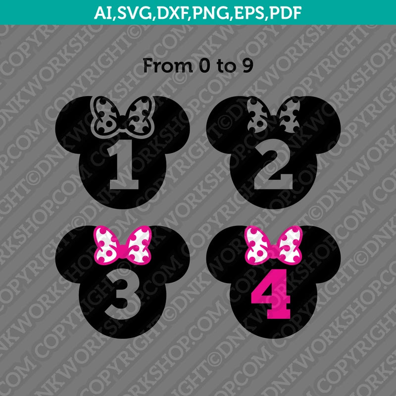 Minnie Mouse Numbers 4 Designs SVG Cut File Cricut Clipart Png Eps ...