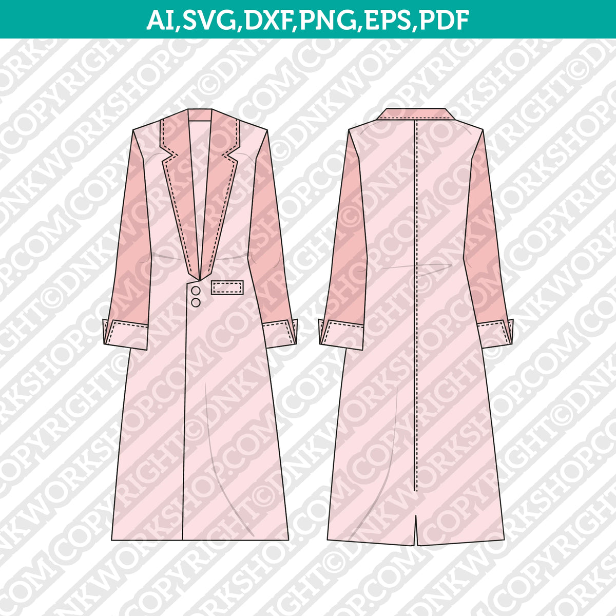 Trench Coat SVG Technical Flat Sketch Fashion CAD PDF Cut File Vector ...