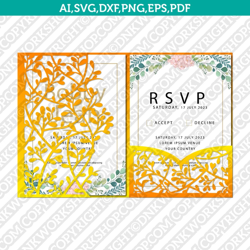 Leaf Floral Flower Wedding Invitation Template Envelope SVG Laser Cut ...