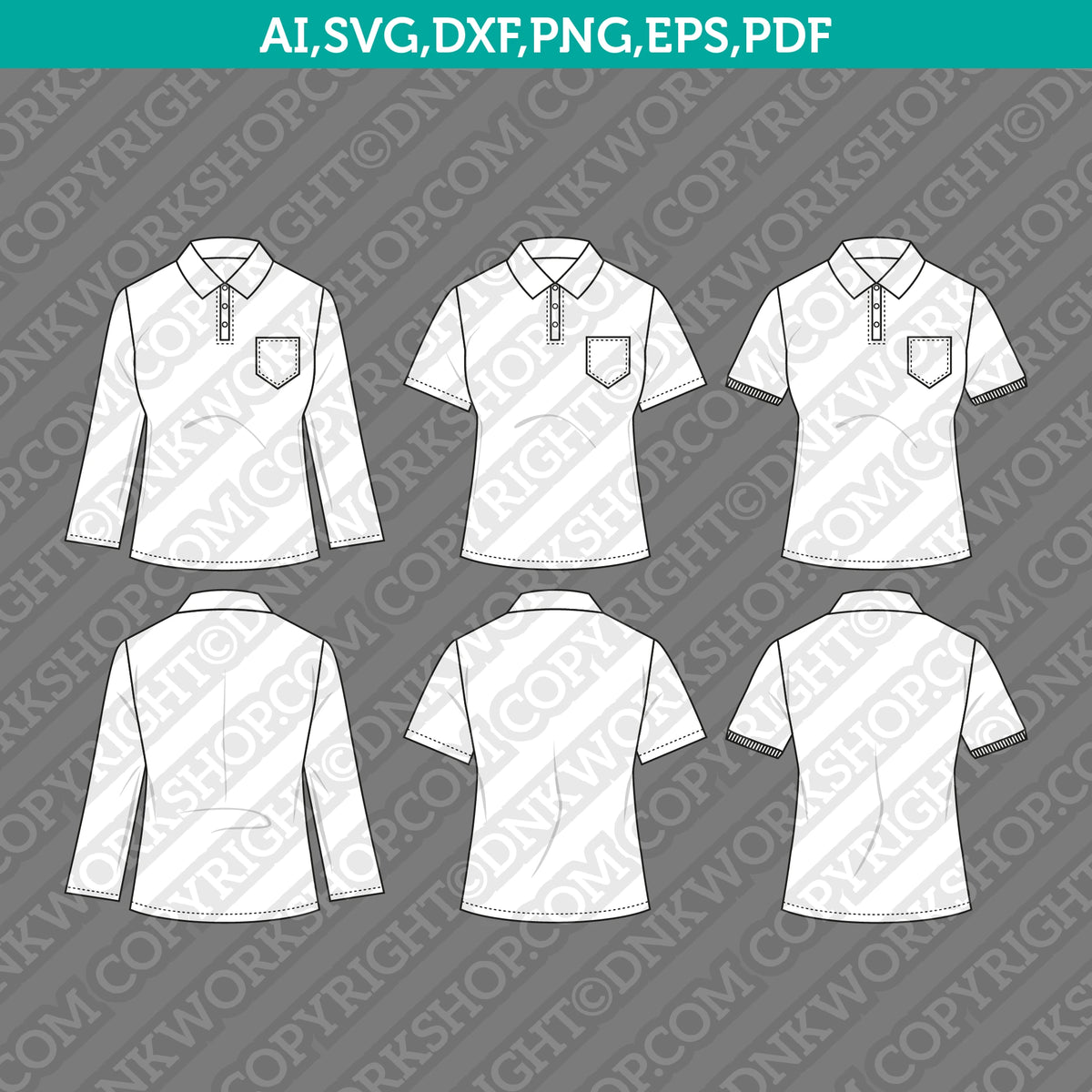 Women's Polo Shirts SVG Cut File CAD Technical Flat Sketch Fashion Pdf ...